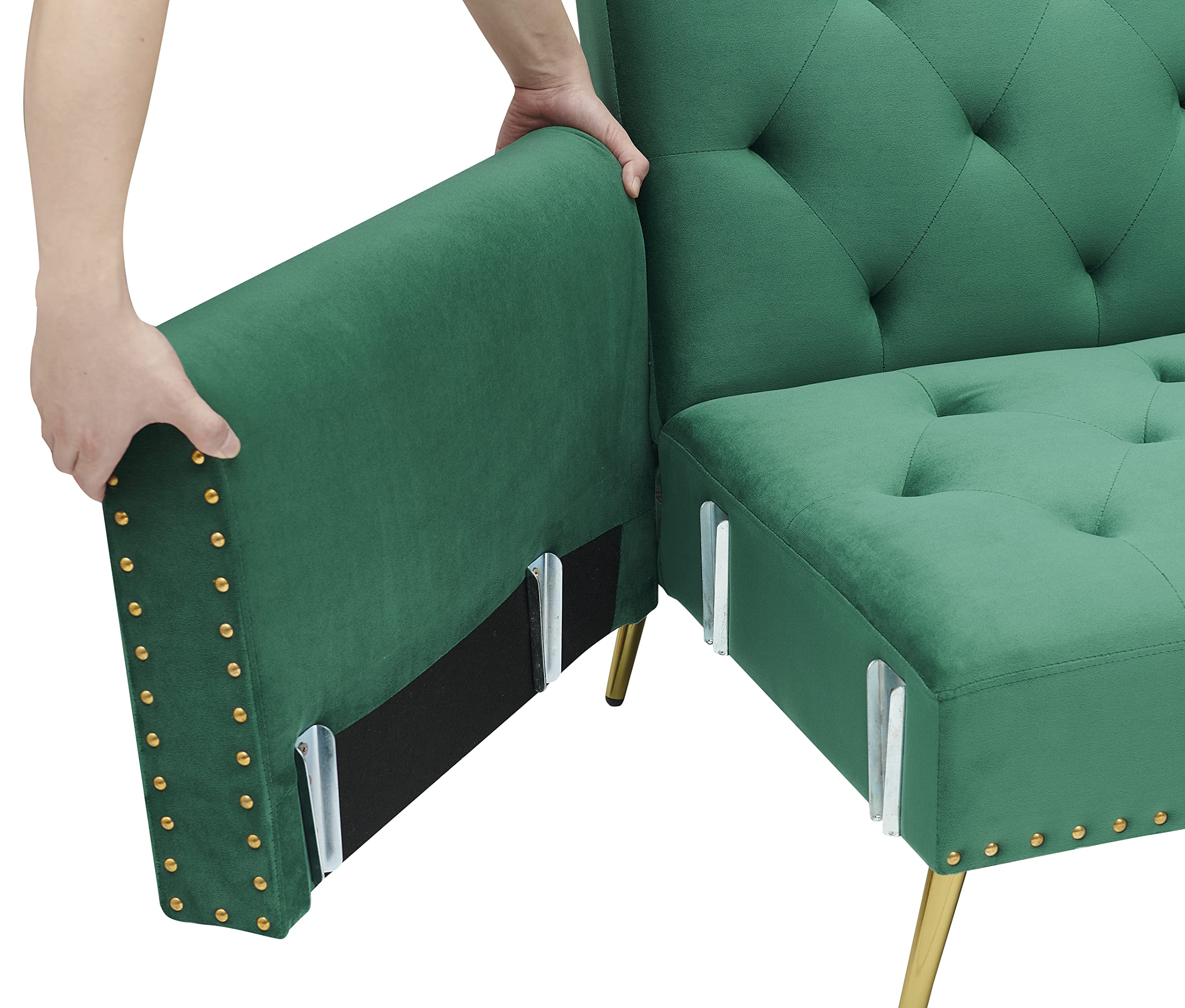 Eafurn Modern Velvet Upholstered Futon Bed Sectional Folding Recliner Sleeper Reversible Loveseat Convertible Daybed,3 Angles, Nailhead Tufted Sofa & Couches for Small Places, Green w/Naildhead Trim