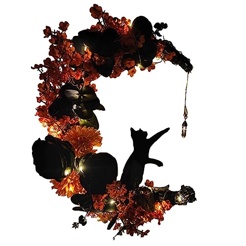 Pacoco Halloween Wreaths Decor with Lights for Front Door, 13.77" Halloween Moon Wreath with Black Cat Wood Wreath Halloween Wreath Horror Decorations for Home Party Window Wall Indoor Outdoor (03)