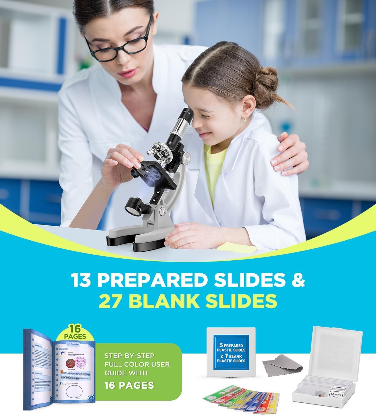 KIDSROOM 62-pcs Microscope for Kids 5-7 8-12, Kids Microscope Kit with 13 Prepared & 27 Blank Slides, Science Experiments Kits STEM Toys for Kids 3 4-6 7 8 9 10 11 12 Birthday Gifts 2024