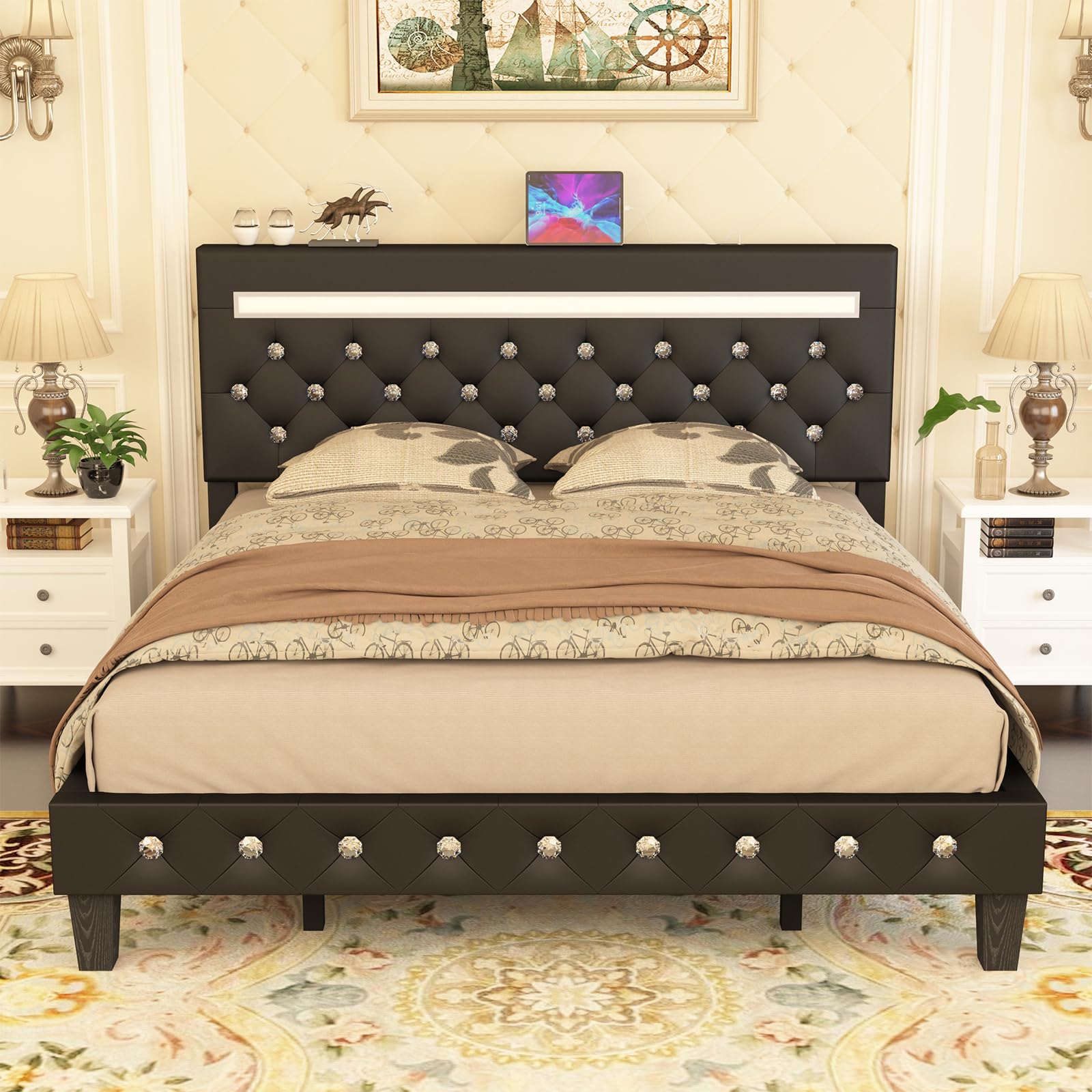 Kallabe Bed Frame Queen Size with Headboard, LED Leather Bed Frame Queen, Upholstered Platform Bed with USB Ports & Socket, APP Control, No Box Spring Needed, Black, TMY-US1015815-5