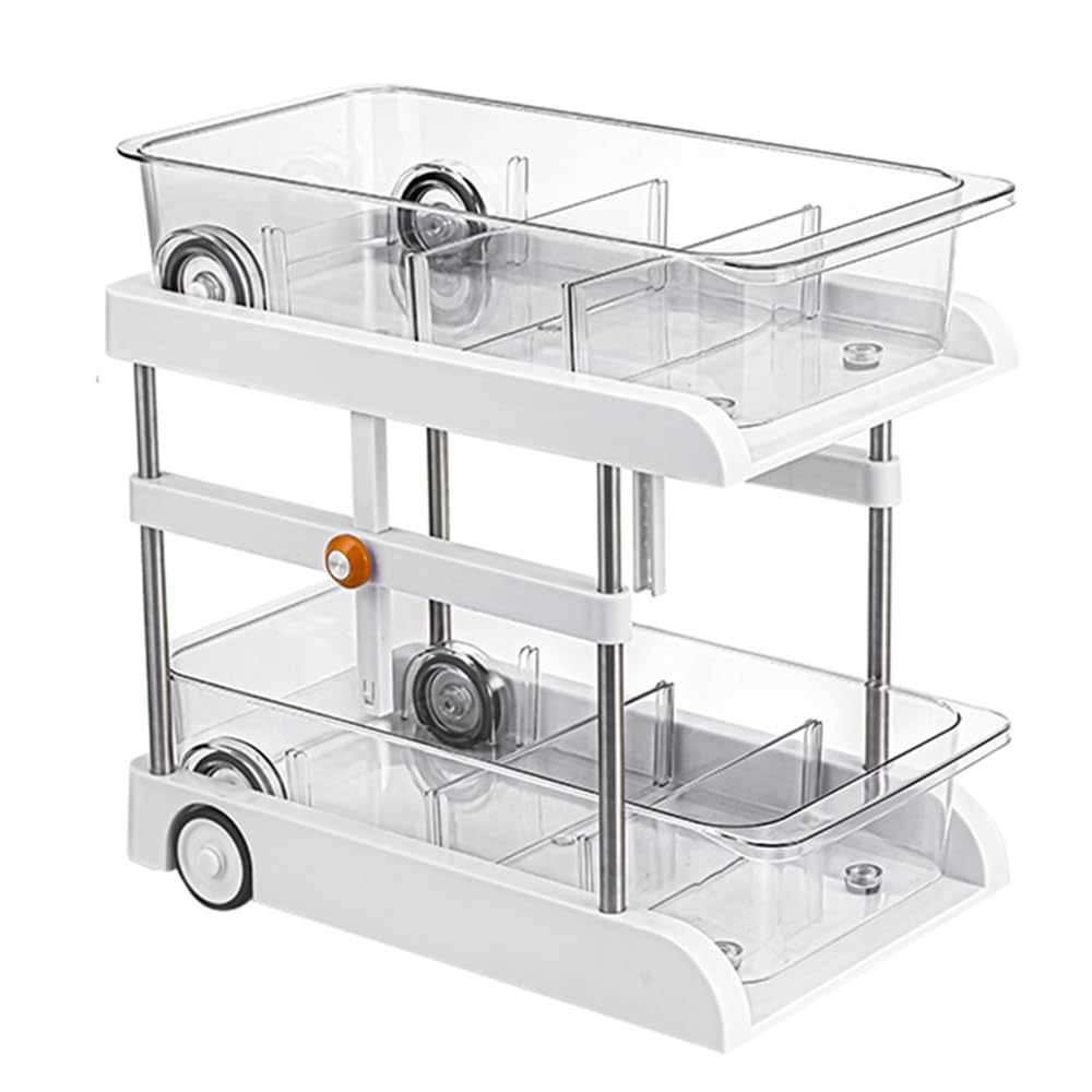 XIYAO 2 Tier Clear Organizer with Dividers and Wheels, Adjustable Under Sink Bathroom Closet organizer and Storage,Pull Out Medicine Cabinet organizer, Kitchen Pantry organizers and storage.