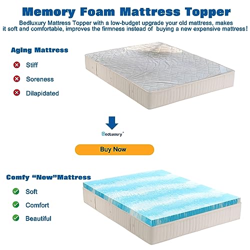 bedluxury 3 Inch Queen Mattress Topper, Gel Memory Foam for Pressure Relief, Bed Topper Queen Size, Cooling Mattress Pad, CertiPUR-US Certified, Soft & Breathable,3 Inch(sky Blue)