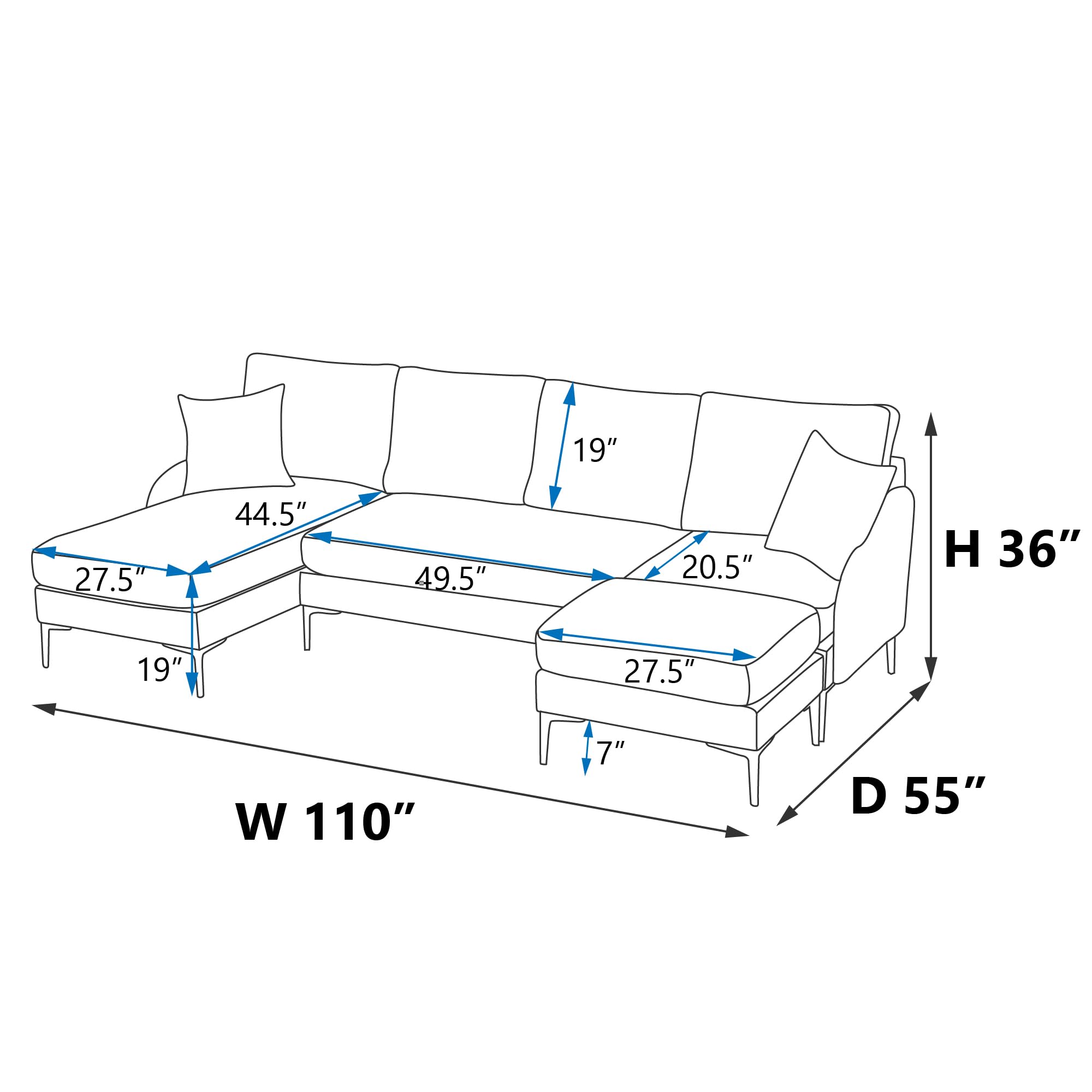 Verfur Upholstery L Shaped Lounge and Movable, 4-Seater Convertible Corner Metal Legs,Soft Couch, Sectional Sofa w/Reversible Chaise and Ottoman, Green 110"