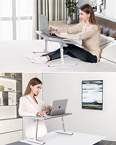 SAIJI Leather Laptop Bed Tray Table, Adjustable Laptop Stand with Removable Stopper, Portable Lap Desks with Foldable Legs, Notebook Stand Breakfast Reading Desk for Sofa Couch(Medium,Gray)