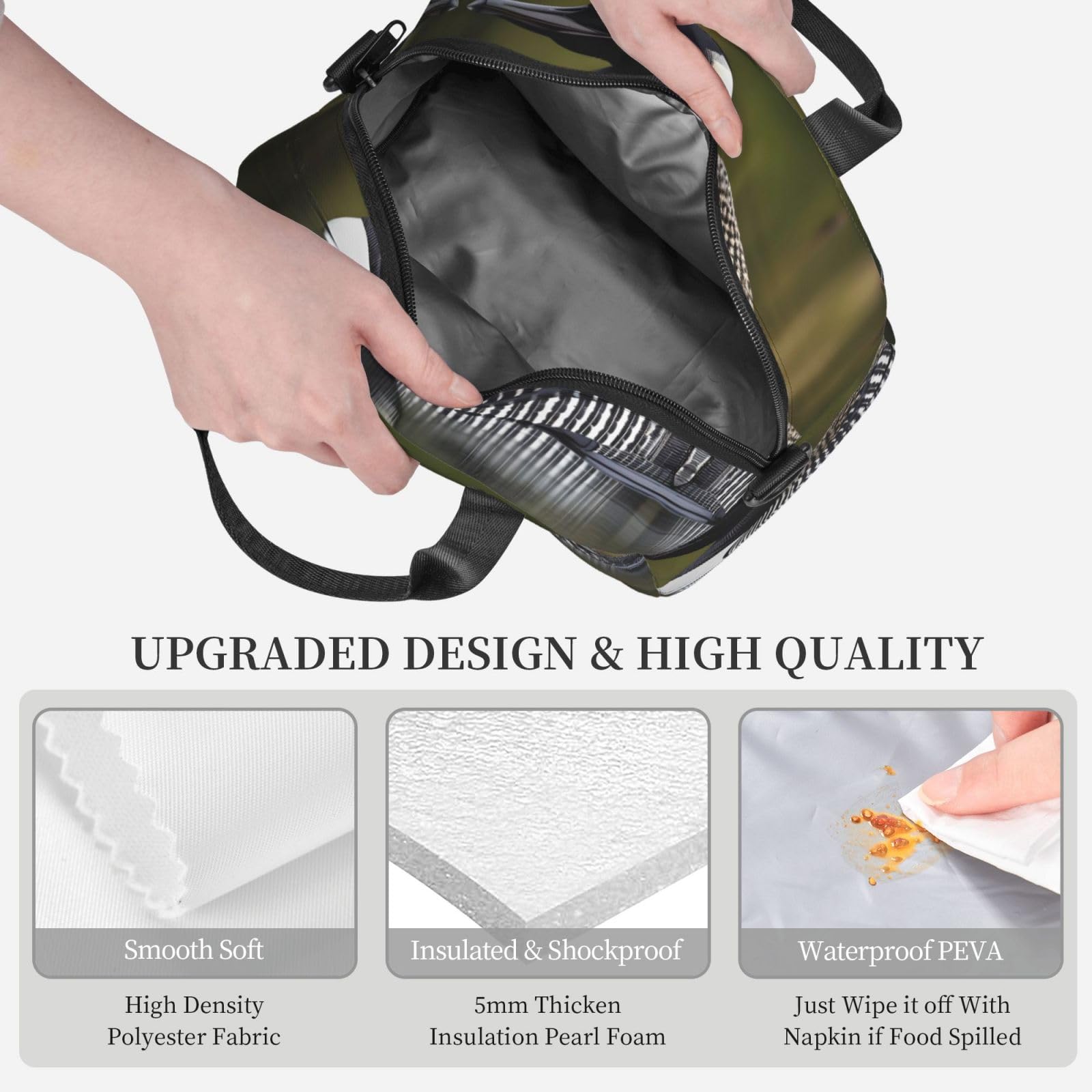 Lunch Bag,Tote Bag For Women & Men Adjustable Shoulder Strap,Leak Proof For Office Work,Picnic,Loon Nature Bird Print