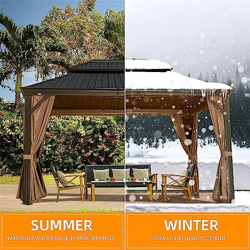 Goohome Hardtop Gazebo 10 x12FT, Aluminum Frame Double Roof Gazebo with Mosquito Net and Curtains, Steel Hard Top Waterproof Pergola for Shade and Rain for Lawn, Backyard, Deck, Patio