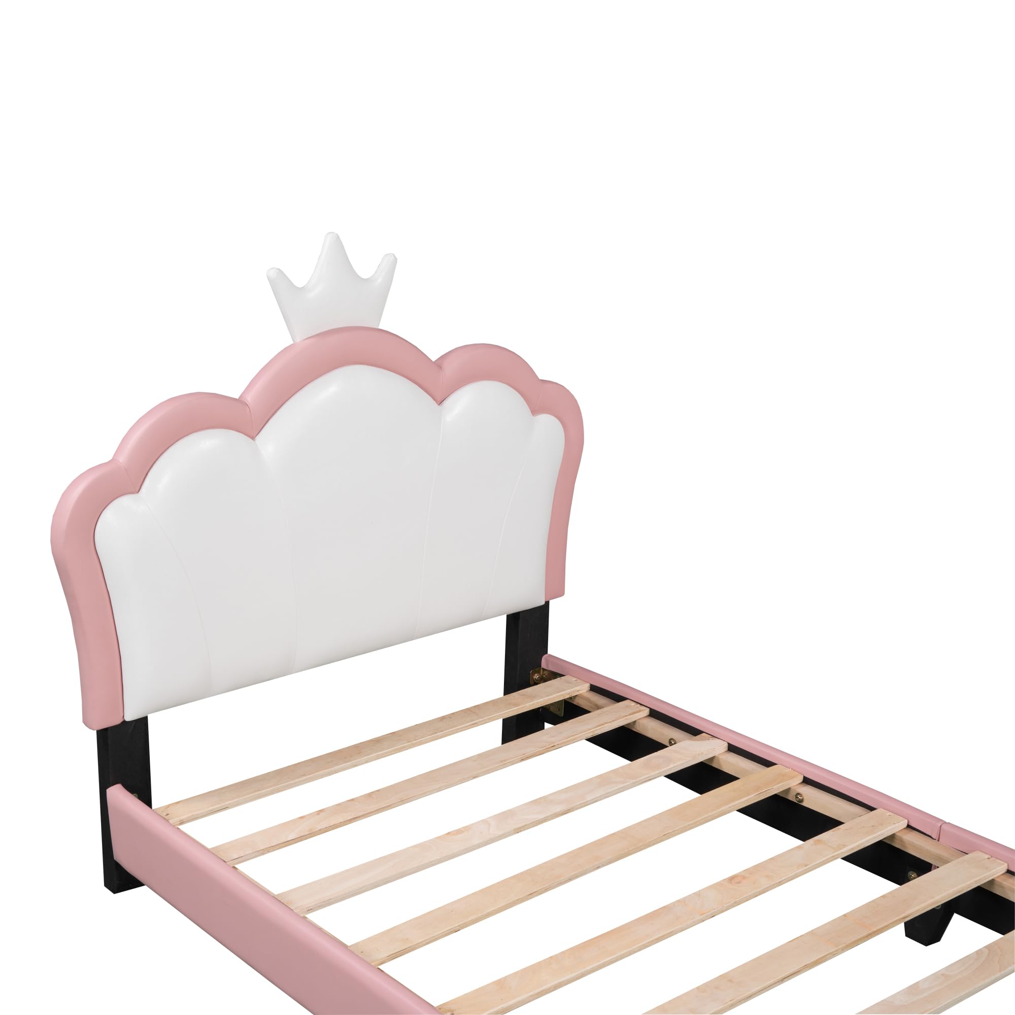 Merax Kids Twin Upholstered Day Bed Frame for Boys Girls, Wood Platform Bed with Crown Headboard, No Box Spring Needed White/Pink