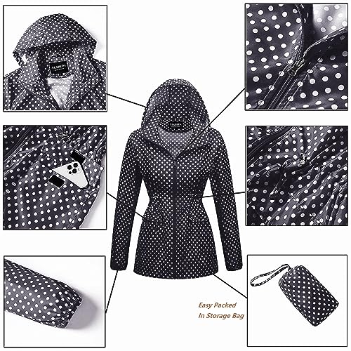 YEABEDA Women-Rain Jacket-Hood Waterproof-Lightweight Windbreak-Packable β Cute RainCoats Travel Polka Dot Ladies With Pouch (3X-Large, black Polka Dot)