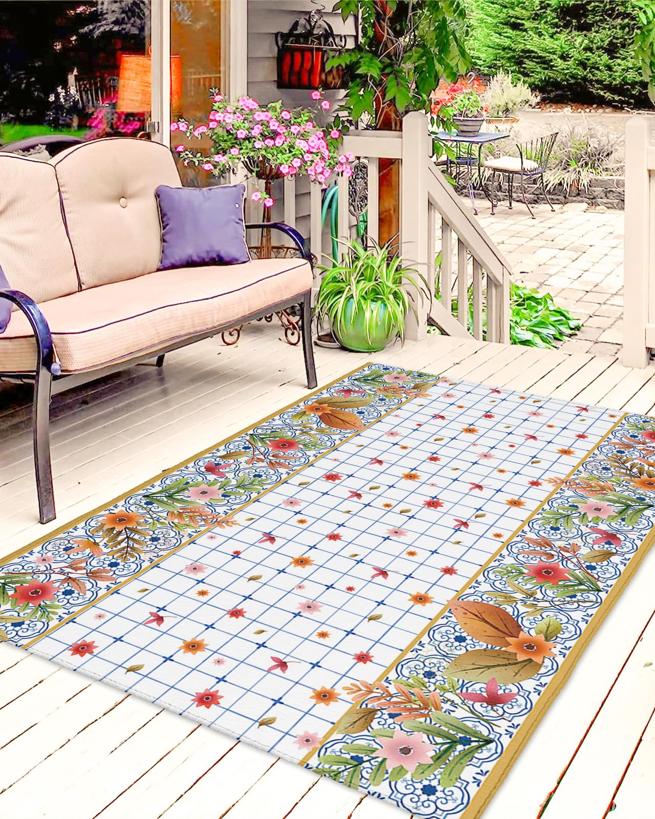 Outdoor Rug Waterproof Mat 4' x 6' for Patio, Summer Fall Ceramic Tile Floral Outside Indoor Non-Slip Front Door Mat RV Camping Carpet Area Rug for Balcony Picnic Beach Deck
