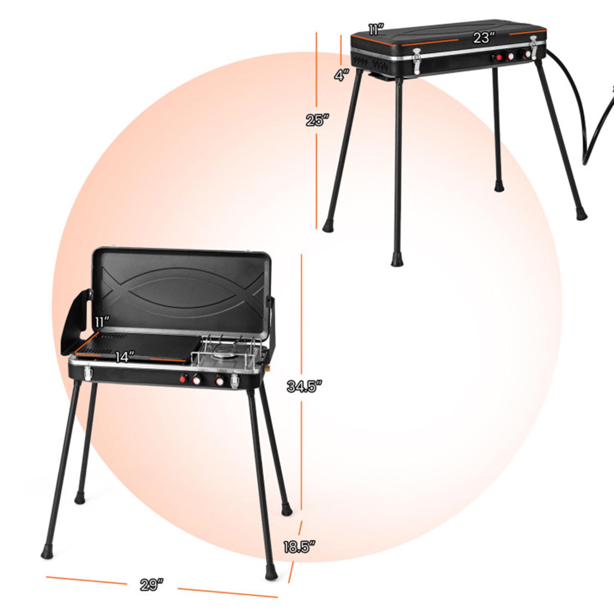 Gas Grill, 4 Burner Stove, 10,000 BTU Professional BBQ Grill, 2-in-1 Gas Camping Grill and Stove with Detachable Legs