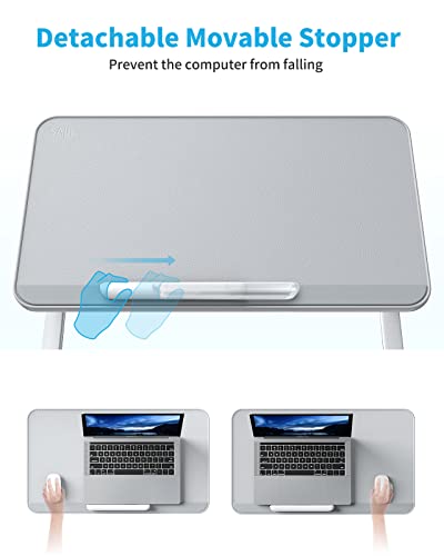 SAIJI Leather Laptop Bed Tray Table, Adjustable Laptop Stand with Removable Stopper, Portable Lap Desks with Foldable Legs, Notebook Stand Breakfast Reading Desk for Sofa Couch(Medium,Gray)