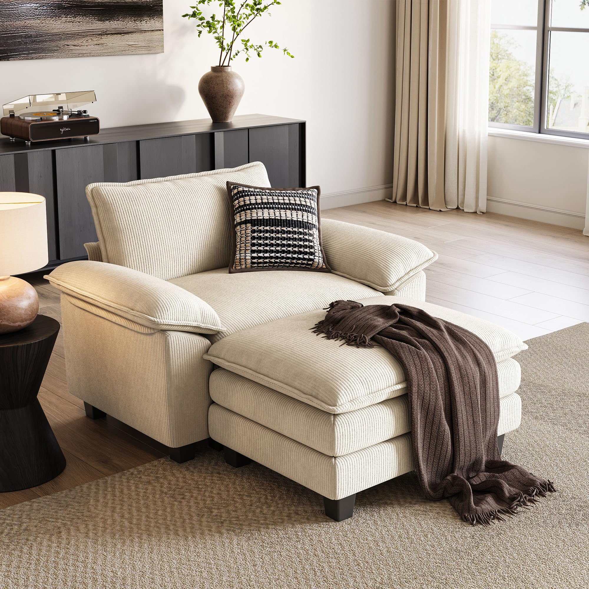 LINSY HOME Sofa Chair with Movable Ottoman - Corduroy Cloud Couch Chair Soft Comfy Modern Sofa Chaise Set Single Sleeper Chair Bed for Living Room Apartment Office (Beige, 1-Seat & 1-Ottoman)