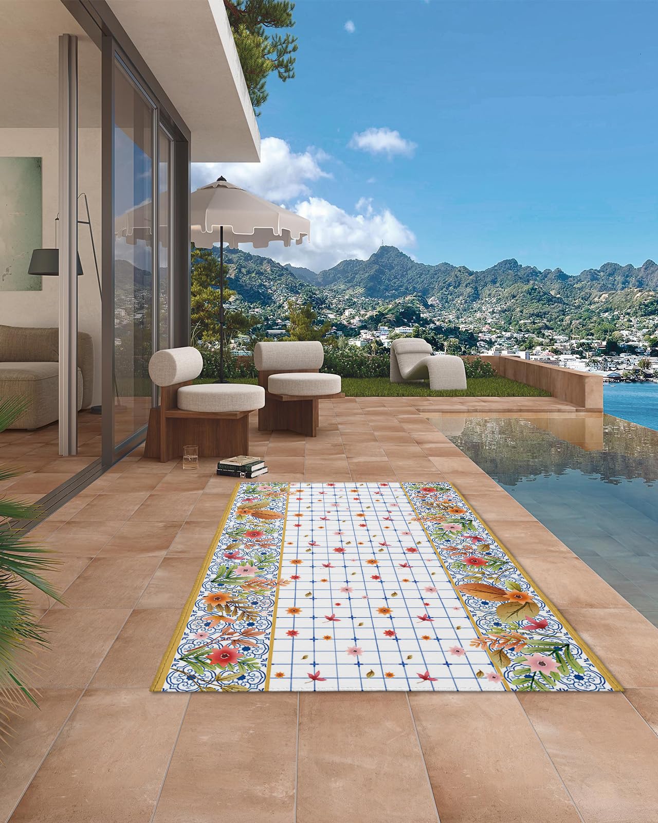 Outdoor Rug Waterproof Mat 4' x 6' for Patio, Summer Fall Ceramic Tile Floral Outside Indoor Non-Slip Front Door Mat RV Camping Carpet Area Rug for Balcony Picnic Beach Deck