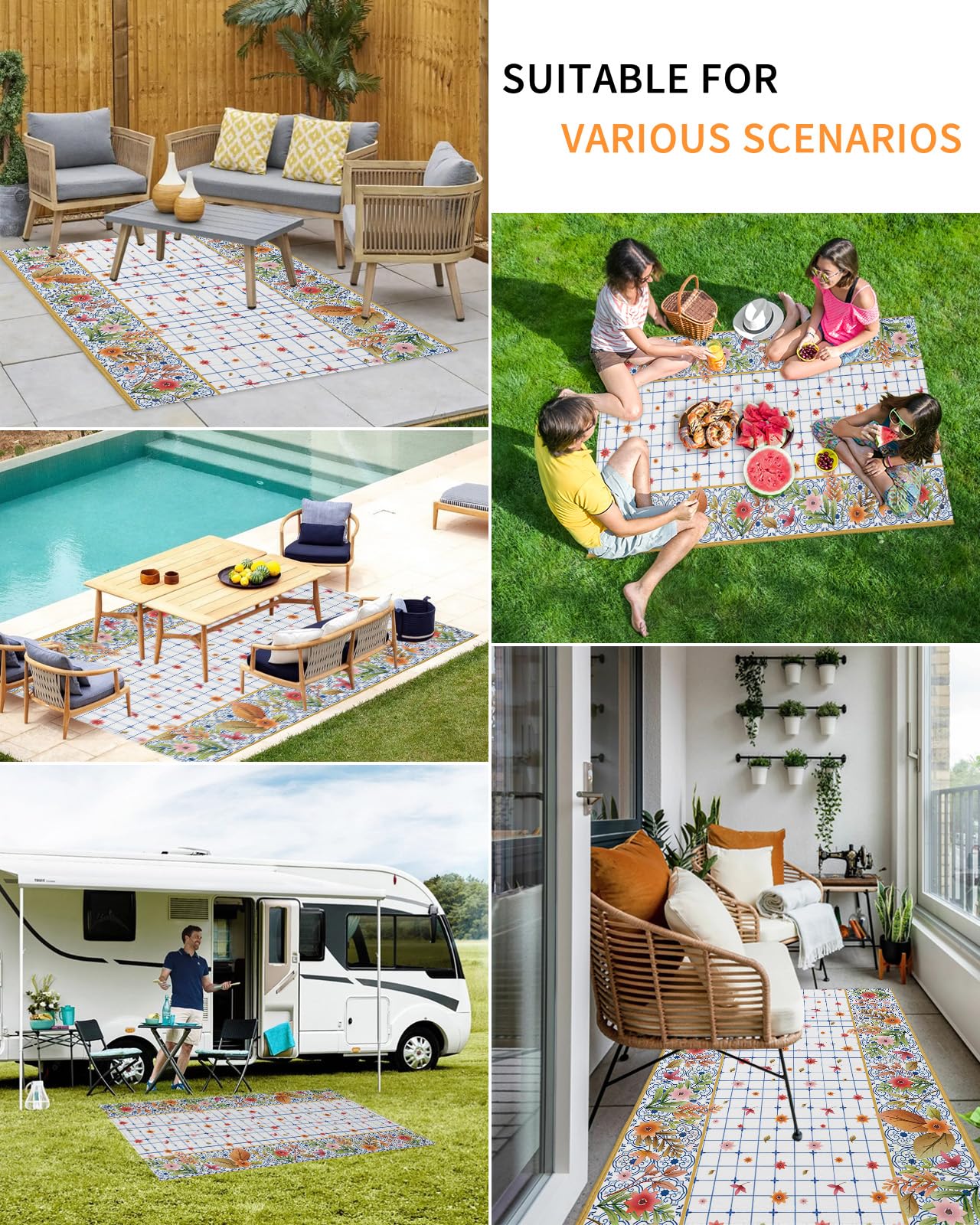 Outdoor Rug Waterproof Mat 4' x 6' for Patio, Summer Fall Ceramic Tile Floral Outside Indoor Non-Slip Front Door Mat RV Camping Carpet Area Rug for Balcony Picnic Beach Deck