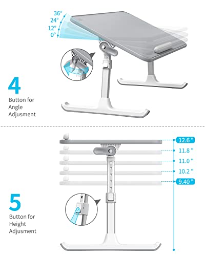 SAIJI Leather Laptop Bed Tray Table, Adjustable Laptop Stand with Removable Stopper, Portable Lap Desks with Foldable Legs, Notebook Stand Breakfast Reading Desk for Sofa Couch(Medium,Gray)