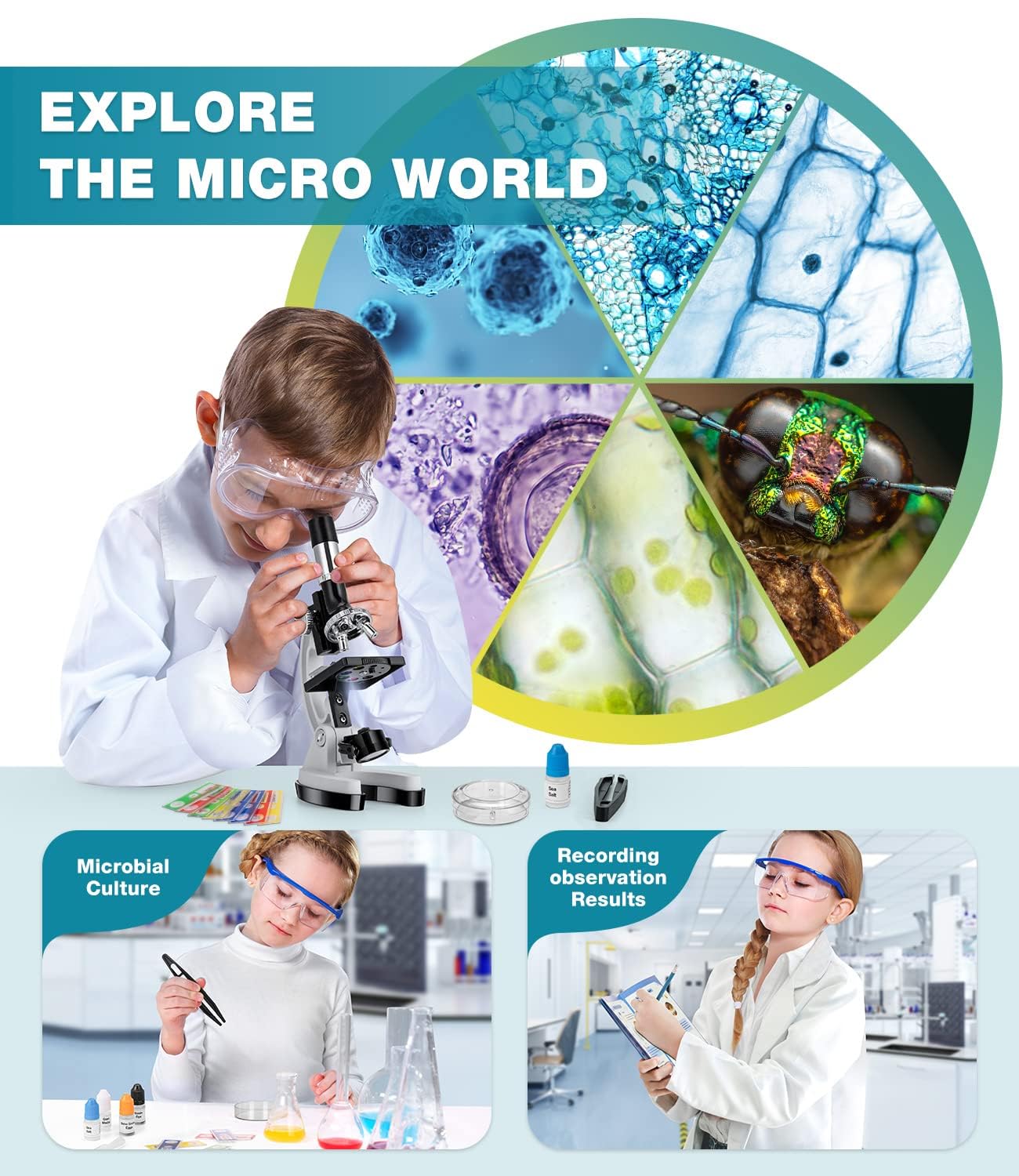 KIDSROOM 62-pcs Microscope for Kids 5-7 8-12, Kids Microscope Kit with 13 Prepared & 27 Blank Slides, Science Experiments Kits STEM Toys for Kids 3 4-6 7 8 9 10 11 12 Birthday Gifts 2024
