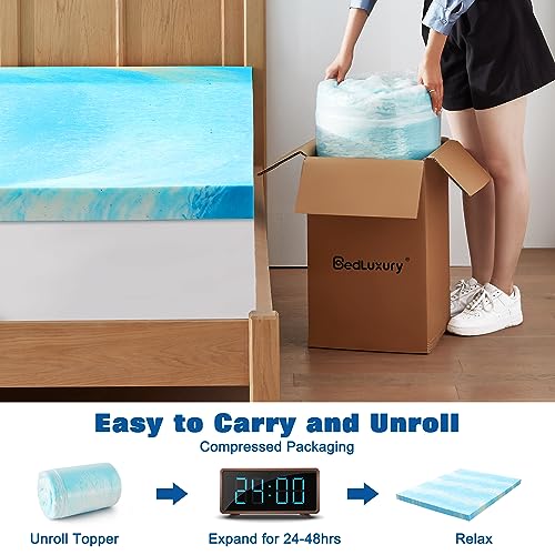 bedluxury 3 Inch Queen Mattress Topper, Gel Memory Foam for Pressure Relief, Bed Topper Queen Size, Cooling Mattress Pad, CertiPUR-US Certified, Soft & Breathable,3 Inch(sky Blue)