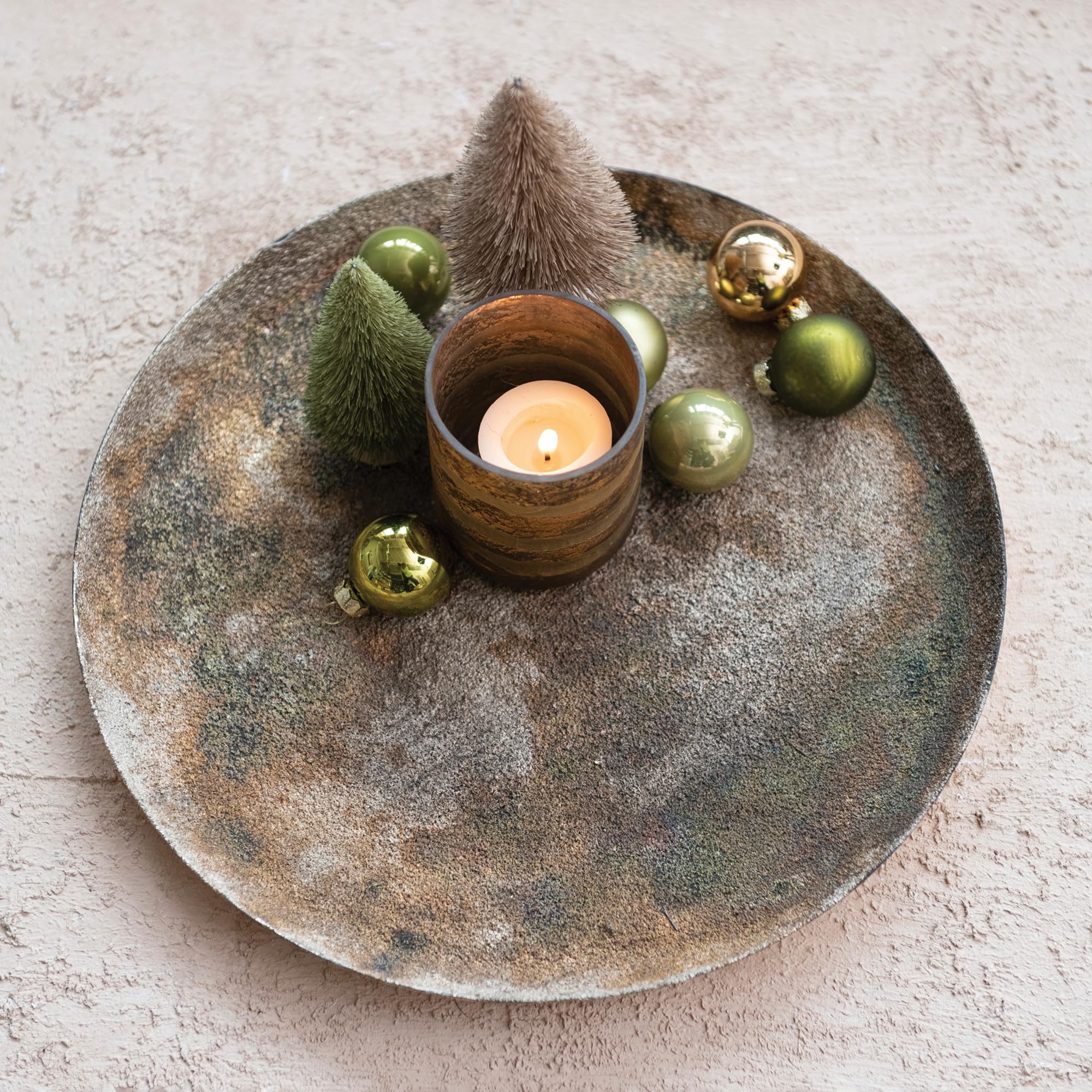 Creative Co-Op Round Decorative Metal Tray, Distressed Pewter Finish