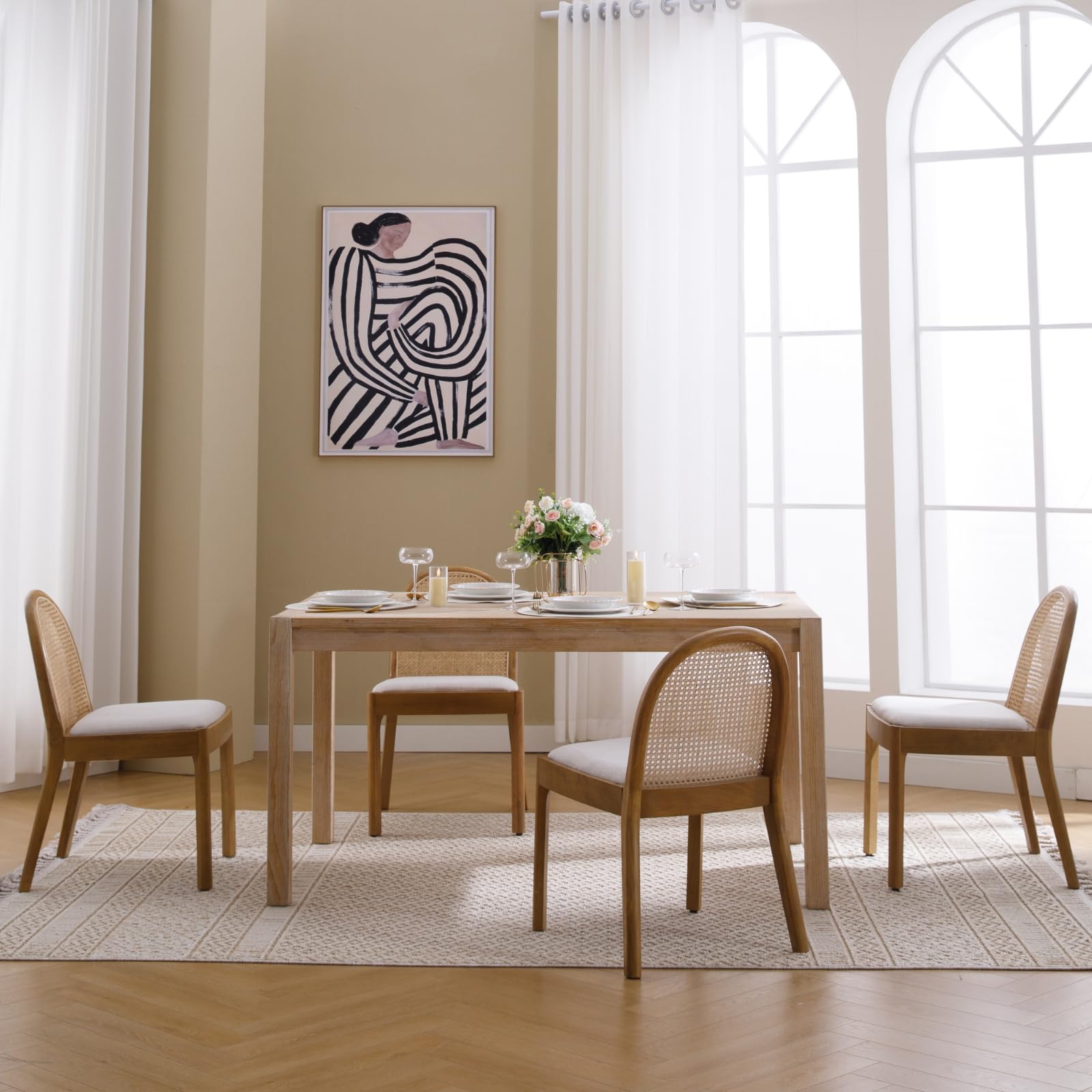 Ya-Home Mid Century Dining Chairs Set of 2, Accent Rattan Linen Fabric Side Chairs Kitchen Chair with Solid Wooden Legs for Living Room Dining Room, Beige