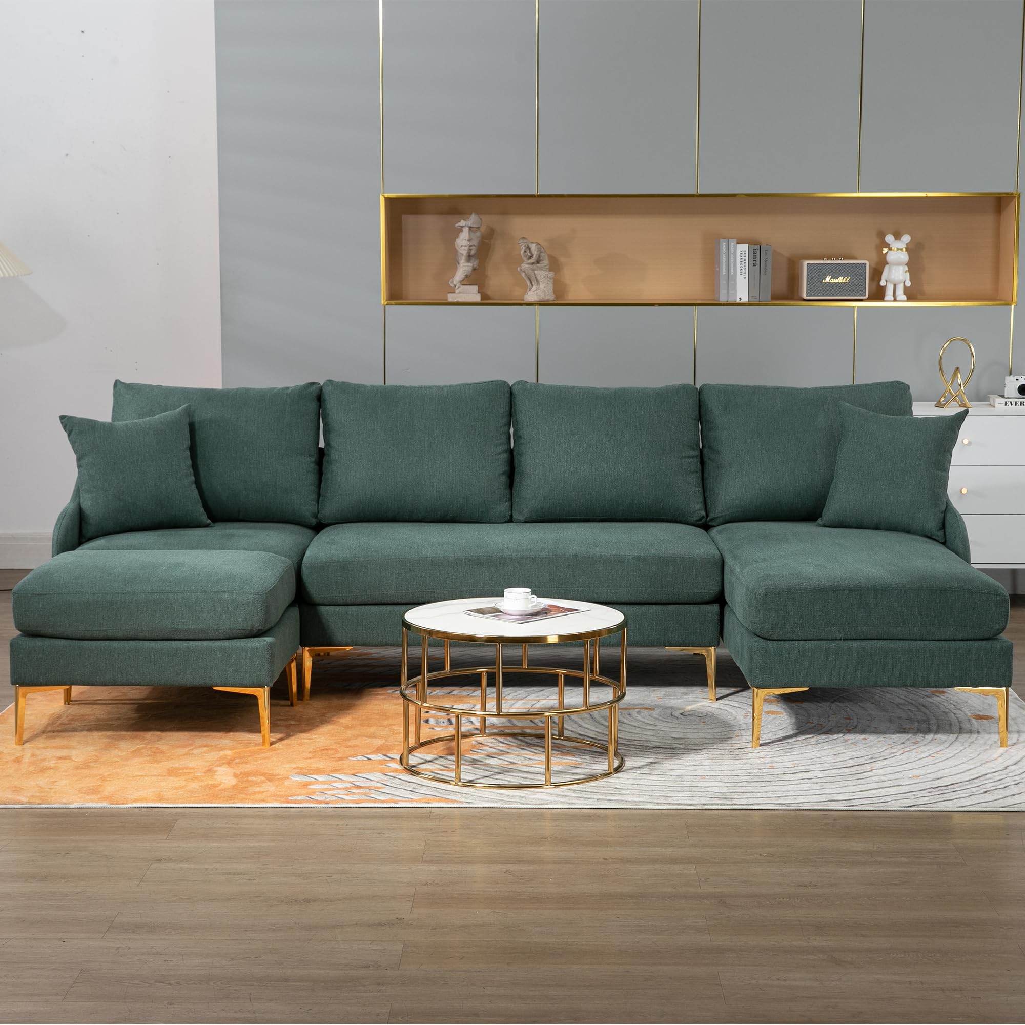 Verfur Upholstery L Shaped Lounge and Movable, 4-Seater Convertible Corner Metal Legs,Soft Couch, Sectional Sofa w/Reversible Chaise and Ottoman, Green 110"