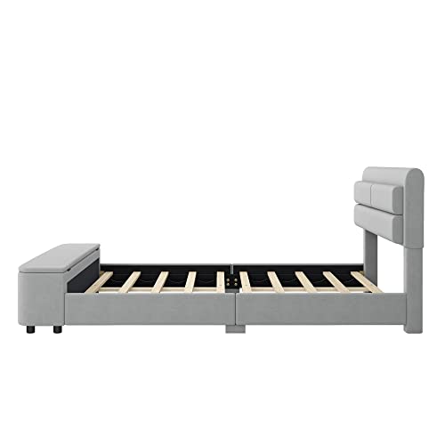 TARTOP Queen Size Upholstered Bed with Storage Headboard and Footboard, Velvet Queen Platform Bed Frame, Wood Support Legs, No Box Spring Needed,Gray