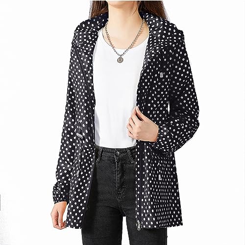 YEABEDA Women-Rain Jacket-Hood Waterproof-Lightweight Windbreak-Packable β Cute RainCoats Travel Polka Dot Ladies With Pouch (3X-Large, black Polka Dot)