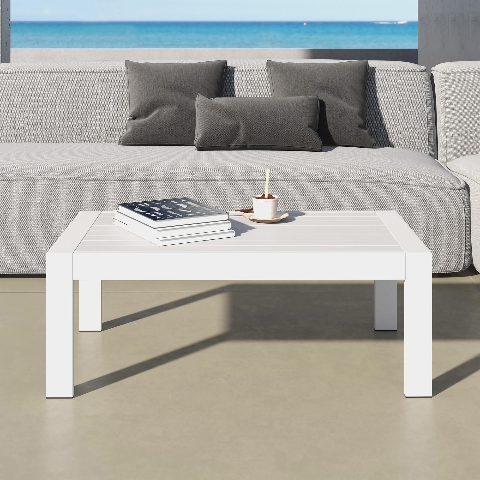 All-Weather Aluminum Outdoor Coffee Table, Modern Coffee Table for Outside, Rectangle Patio Coffee Table for Balcony Garden, Light Grey