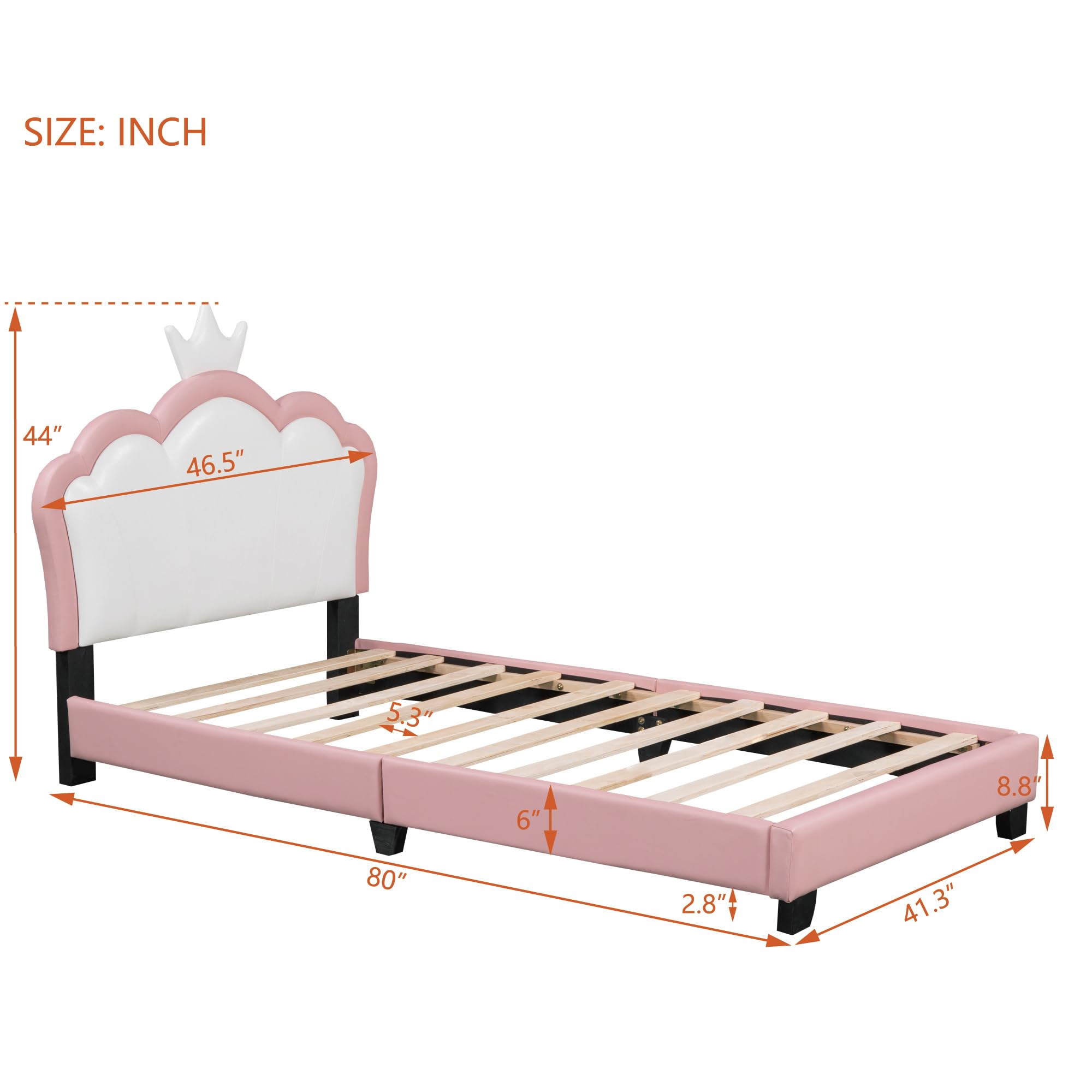Merax Kids Twin Upholstered Day Bed Frame for Boys Girls, Wood Platform Bed with Crown Headboard, No Box Spring Needed White/Pink