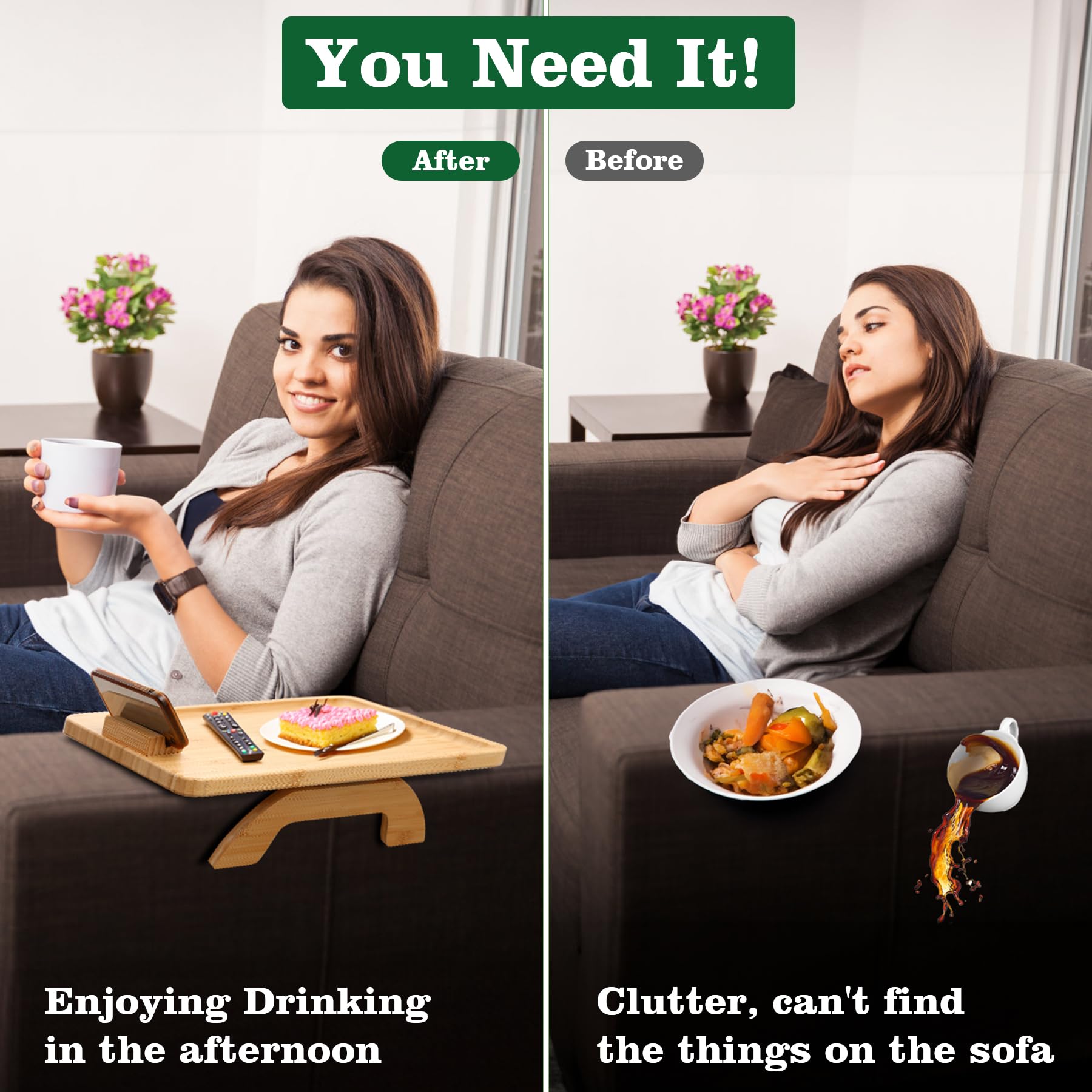 BAMBOOTRAY Couch Arm Table,Sofa Clip on Tray for Armrest Tray,Sofa Arm Table with Phone Holder,Couch Table for Living Room Bedroom,TV Tray Table for Eating & Drinking