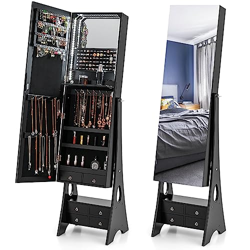 CHARMAID Jewelry Cabinet with LED Light Strip, 62.5'' Floor Jewelry Armoire with High Full Length Mirror, Vanity Mirror, Foldable Makeup Shelf, Jewelry Organizer Storage with 6 Drawers (Black)