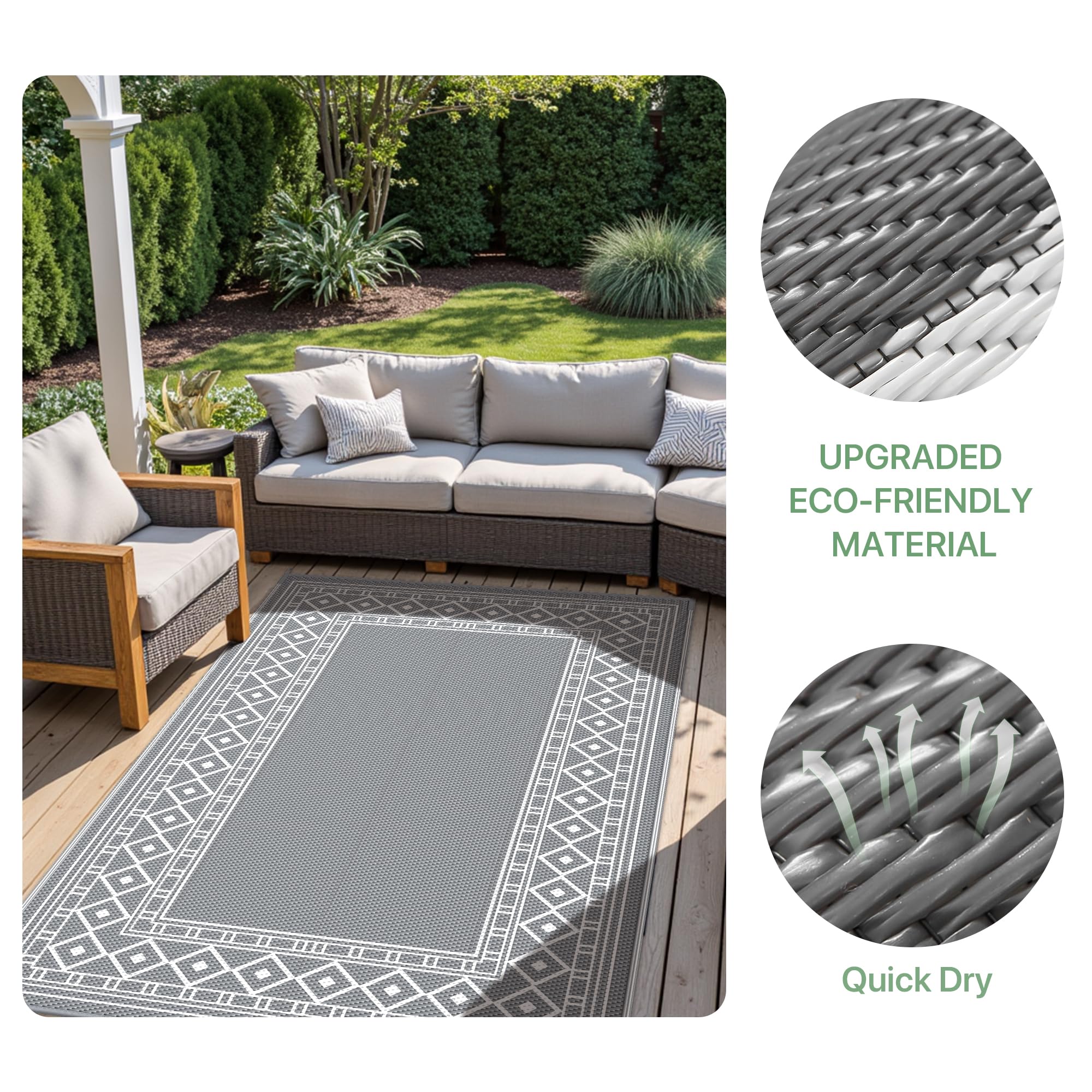 GENIMO Outdoor Rug 5'x8' for Patio Clearance, Reversible Plastic Straw Outdoor Area Carpet Waterproof, Camping Outside Mat for Outdoor Decor, RV, Deck, Camper, Balcony,Picnic Grey & White