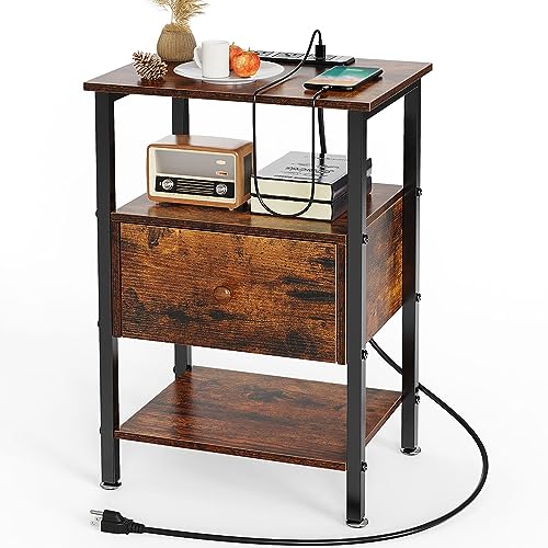 Nightstand with Charging Station, 3-Tier Storage End Table with USB Ports and Outlets, Modern Wood Night Stands Small End Table for Bedroom Living Room, Vintage Brown