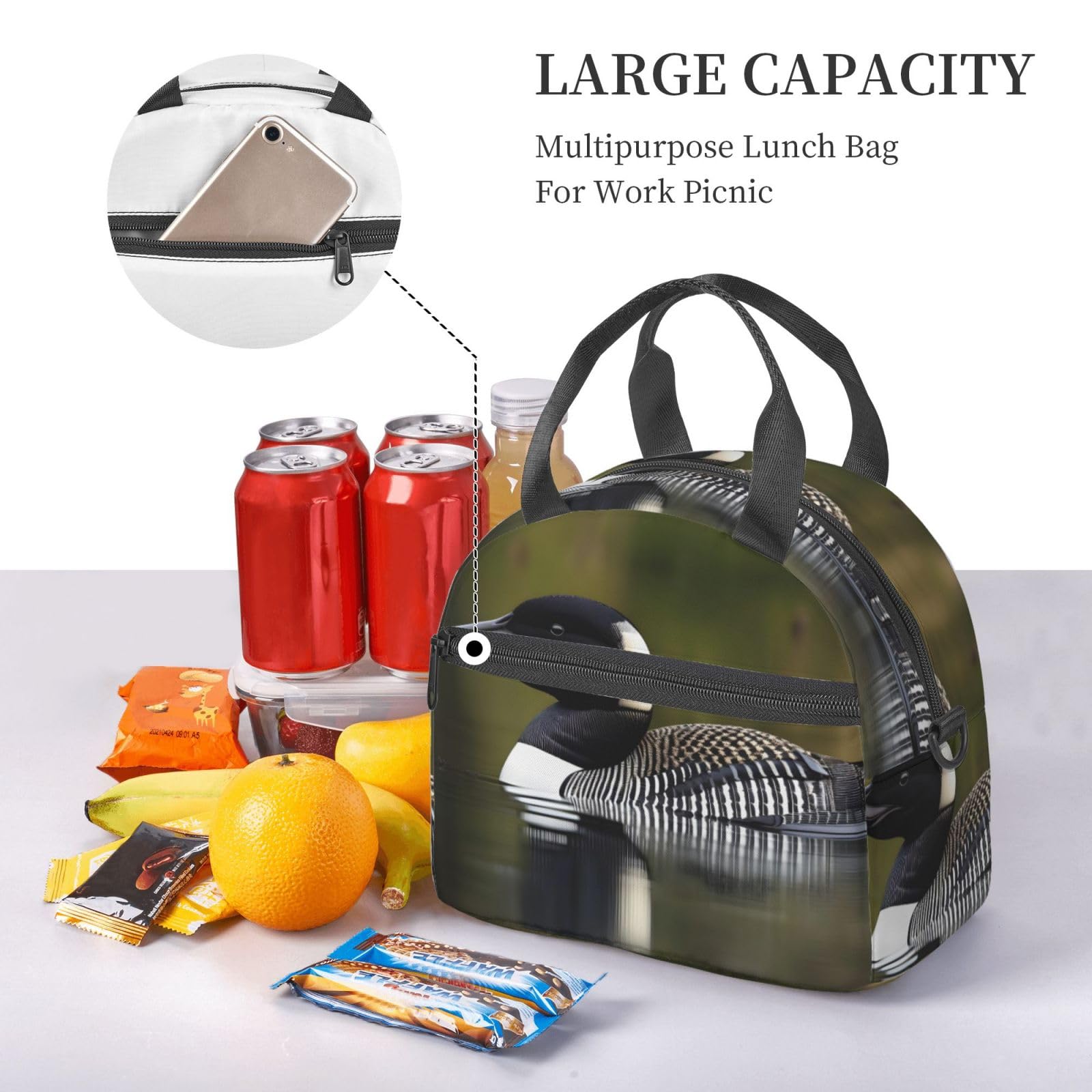 Lunch Bag,Tote Bag For Women & Men Adjustable Shoulder Strap,Leak Proof For Office Work,Picnic,Loon Nature Bird Print