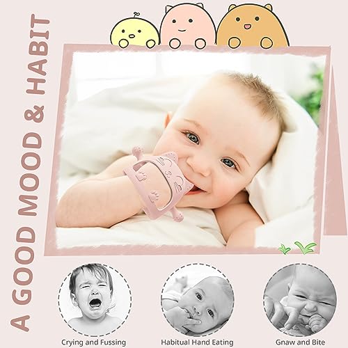 3 Pack Baby Teether Toys,Teething Toys for Babies 0-6 Months,Never Drop Baby Chew Toys with Cute Cat Pattern,Hand Teether Pacifiers for Teething Relief,Ideal Baby Shower Gifts for New Moms & Newborn