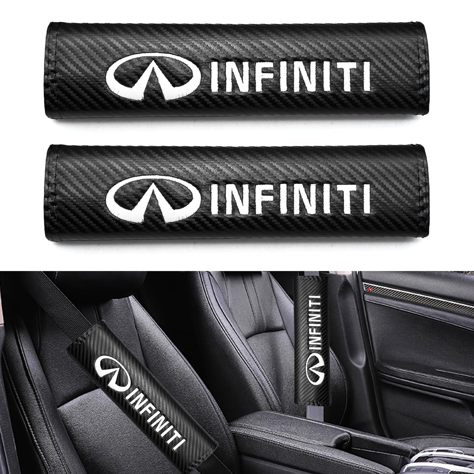 2 Pack Car Seat Belt Pads Cover Comfortable Driving, Carbon Fiber Seat Belt Shoulder Strap Covers Harness Pad for Infiniti Interior Accessories, Compatible with Adults Youth Kid Black