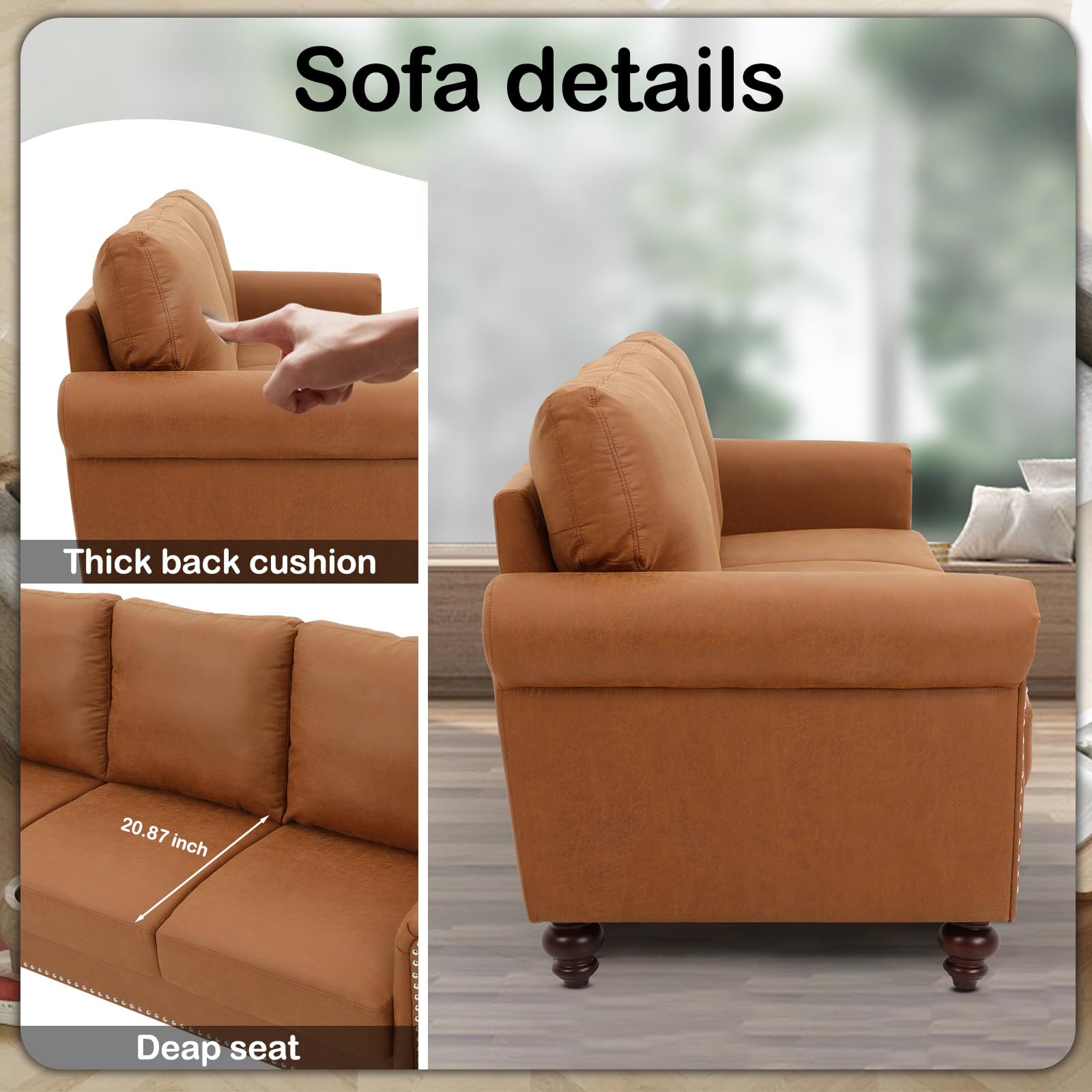 80'' Brown Leather Sofa Couch with Nailhead Trim, Mid Century Modern 3 Seater Couch Comfy Sofa Loveseat Love Seat with Extra Deep Seat and Rolled Arm Couches for Living Room, Bedroom, Office