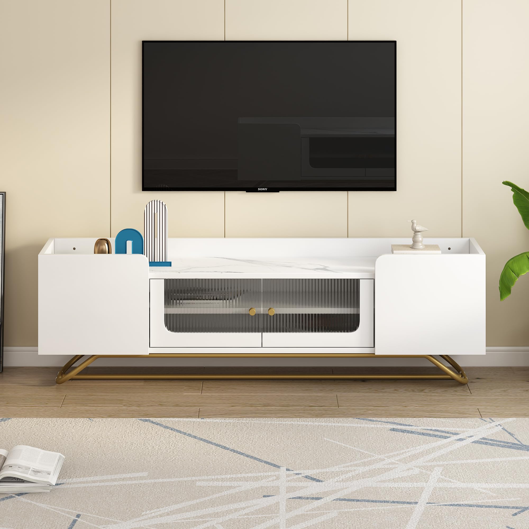 Bellemave Modern TV Stand for 65 Inch TV High Gloss Marble TV Stands for Living Room Large Entertainment Center with Storage Long Media Console with Fluted Glass, White