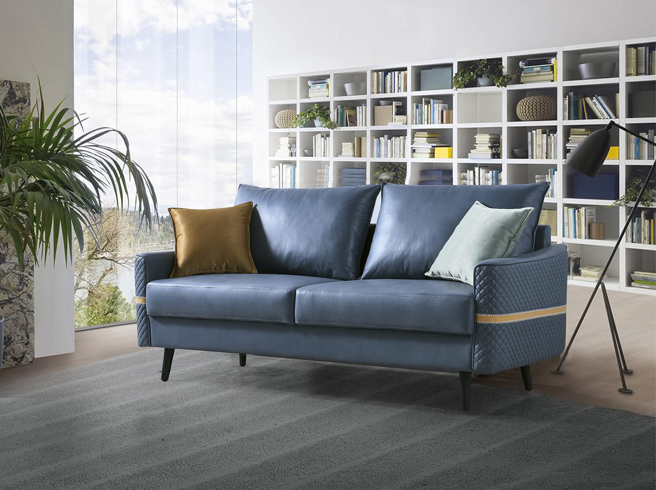 Prohon Tufted Love 73.22" Small Spaces, Mid-Century 2-3 Seats Loveseat with 2 Pillows, Leather Look High Comfort Fabric Sofa Couch for Living Room, Bedroom, Office, Apartment, Blue