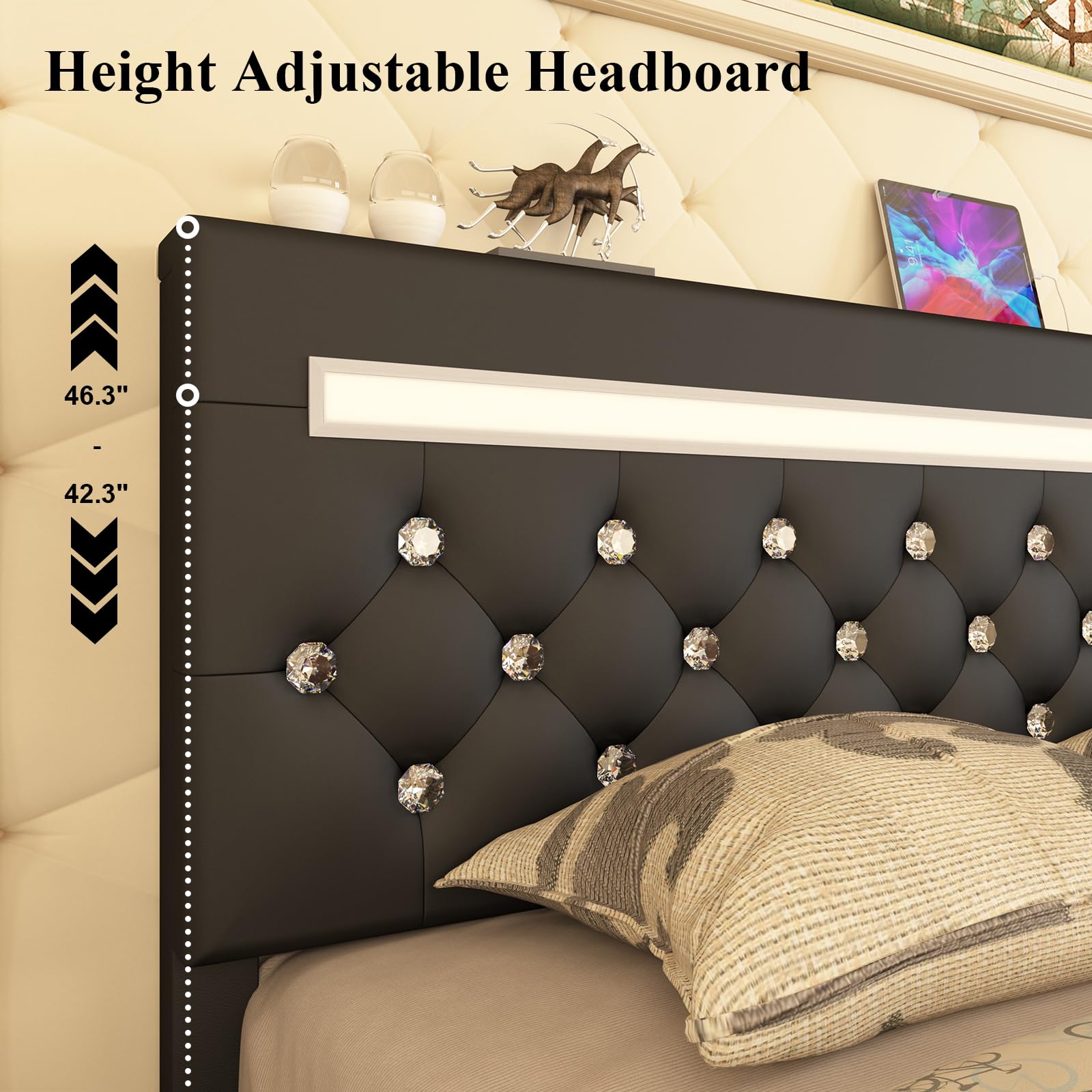 Kallabe Bed Frame Queen Size with Headboard, LED Leather Bed Frame Queen, Upholstered Platform Bed with USB Ports & Socket, APP Control, No Box Spring Needed, Black, TMY-US1015815-5