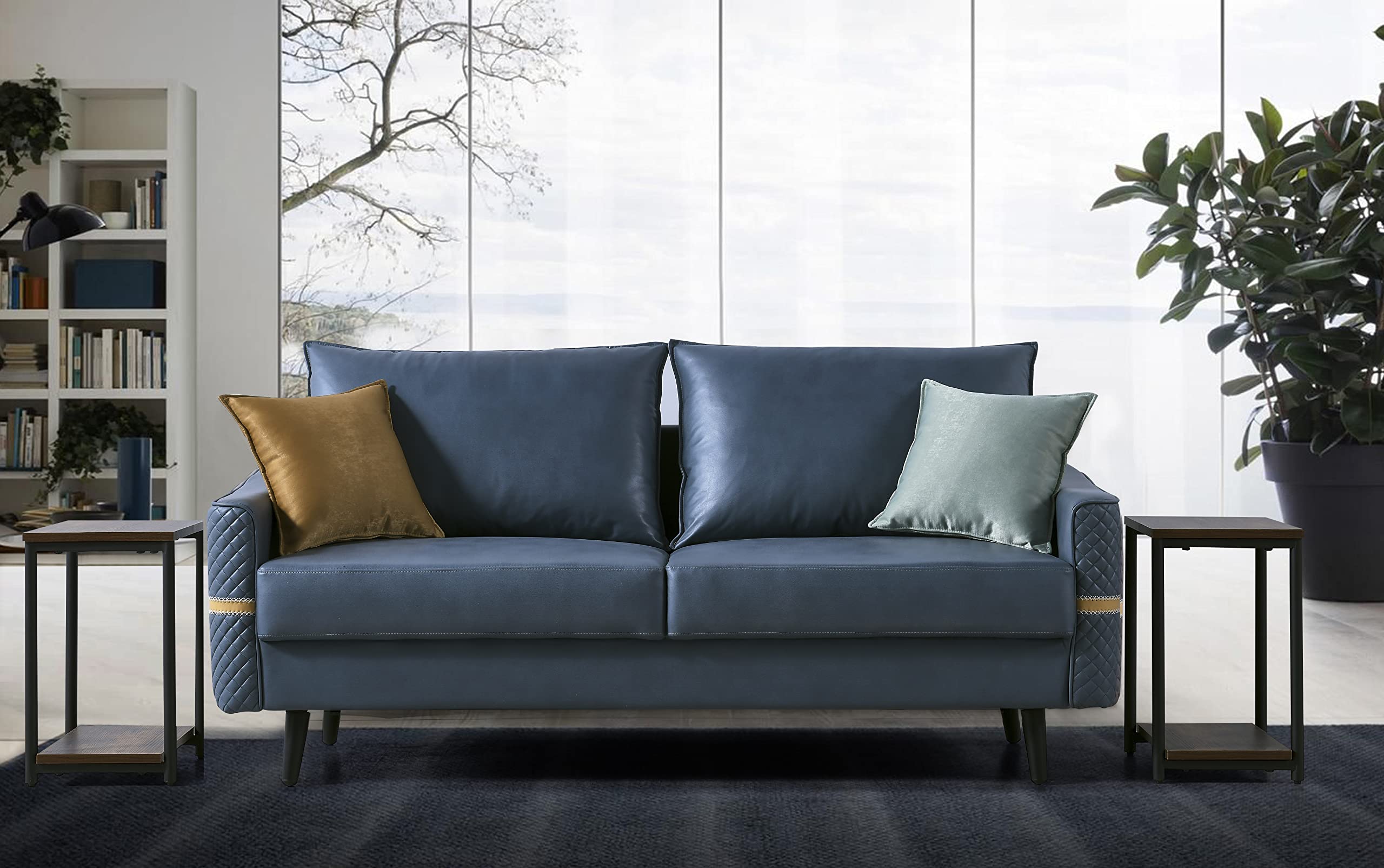 Prohon Tufted Love 73.22" Small Spaces, Mid-Century 2-3 Seats Loveseat with 2 Pillows, Leather Look High Comfort Fabric Sofa Couch for Living Room, Bedroom, Office, Apartment, Blue