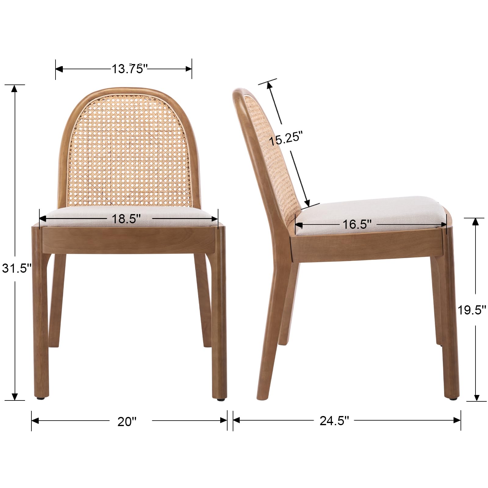 Ya-Home Mid Century Dining Chairs Set of 2, Accent Rattan Linen Fabric Side Chairs Kitchen Chair with Solid Wooden Legs for Living Room Dining Room, Beige