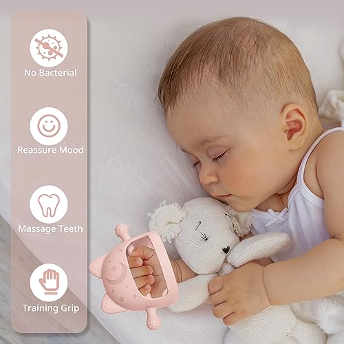 3 Pack Baby Teether Toys,Teething Toys for Babies 0-6 Months,Never Drop Baby Chew Toys with Cute Cat Pattern,Hand Teether Pacifiers for Teething Relief,Ideal Baby Shower Gifts for New Moms & Newborn
