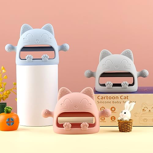 3 Pack Baby Teether Toys,Teething Toys for Babies 0-6 Months,Never Drop Baby Chew Toys with Cute Cat Pattern,Hand Teether Pacifiers for Teething Relief,Ideal Baby Shower Gifts for New Moms & Newborn