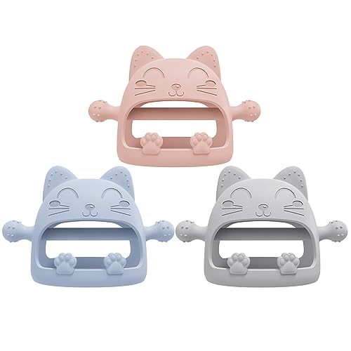 3 Pack Baby Teether Toys,Teething Toys for Babies 0-6 Months,Never Drop Baby Chew Toys with Cute Cat Pattern,Hand Teether Pacifiers for Teething Relief,Ideal Baby Shower Gifts for New Moms & Newborn
