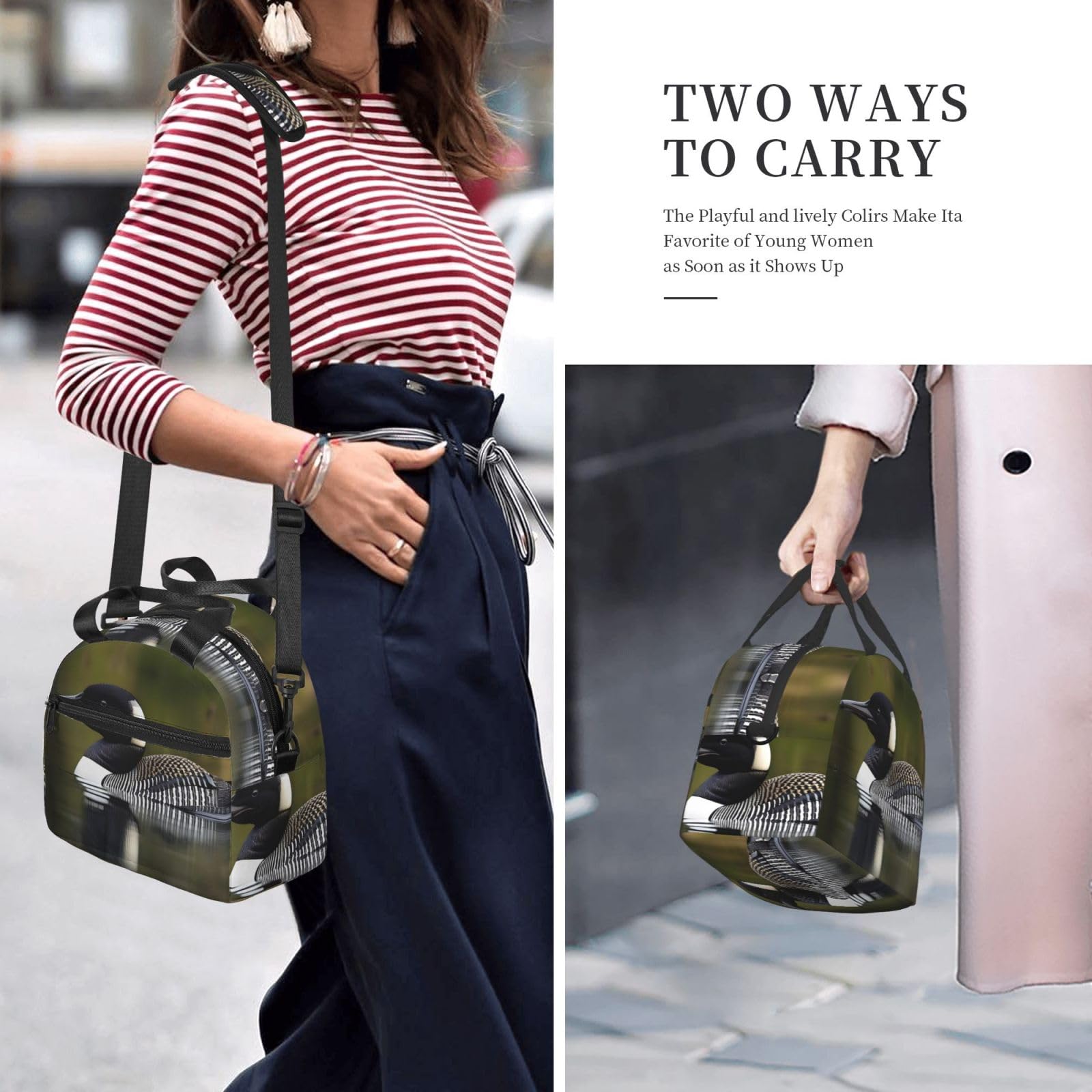 Lunch Bag,Tote Bag For Women & Men Adjustable Shoulder Strap,Leak Proof For Office Work,Picnic,Loon Nature Bird Print