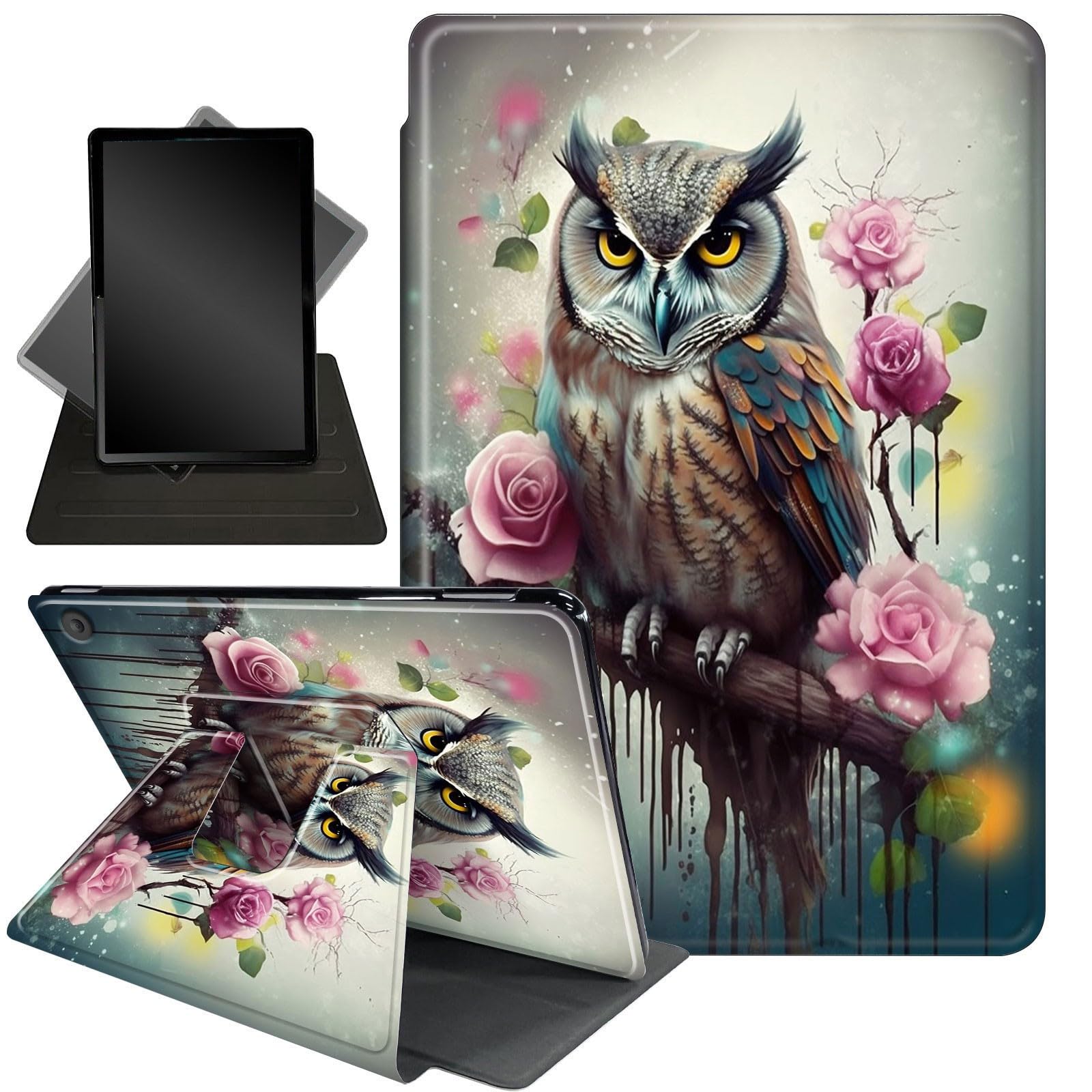 for Fire HD 10 Tablet Case 11th Generation 2021 and Amazon Fire HD10 Plus Case 10.1", 360 Degree Rotating Stand Smart Protective Case,for Fire HD 10 2021 Tablet,Cute Owl Roses Flower