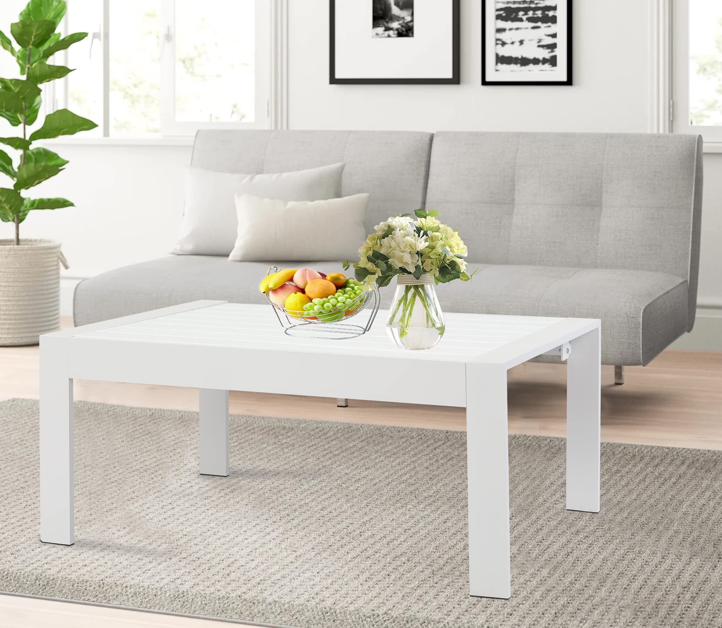 All-Weather Aluminum Outdoor Coffee Table, Modern Coffee Table for Outside, Rectangle Patio Coffee Table for Balcony Garden, Light Grey