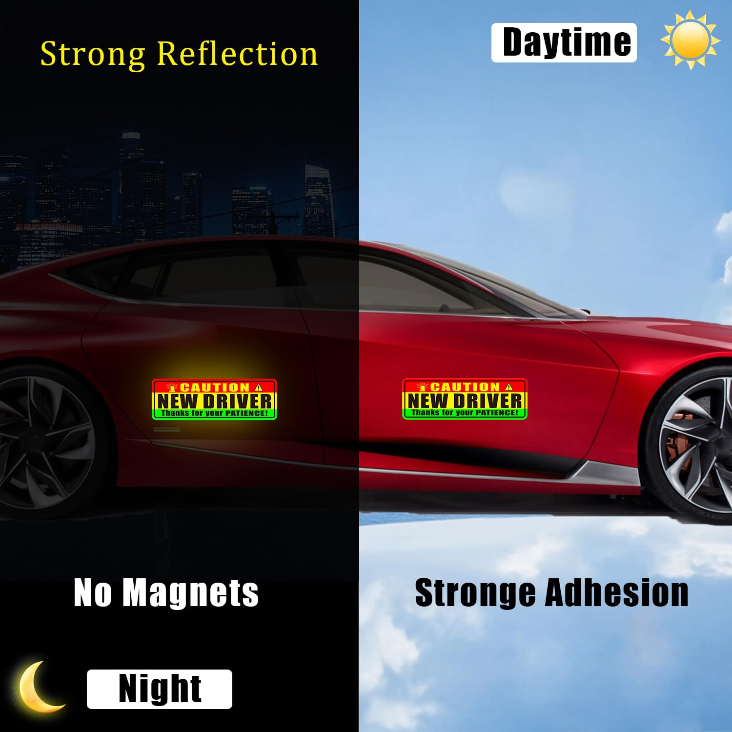 Smeyta Sticker for Car Window 3PC,No Magnetic Car Sticker and Decal,Removable Student Driver Safety Signs for Cars,Car Bumper Reflective Decal(Yellow&Red&Green New Driver,3PC)
