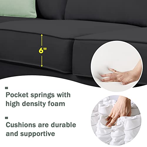 FIQHOME 7-Seat Reversible Chaise, L Shaped Ottoman, Living Room, Modular Sectional Fabric Sofa Corner Couch Set with 3 Pillows, Black