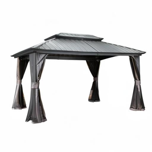 Goohome Hardtop Gazebo 10 x12FT, Aluminum Frame Double Roof Gazebo with Mosquito Net and Curtains, Steel Hard Top Waterproof Pergola for Shade and Rain for Lawn, Backyard, Deck, Patio